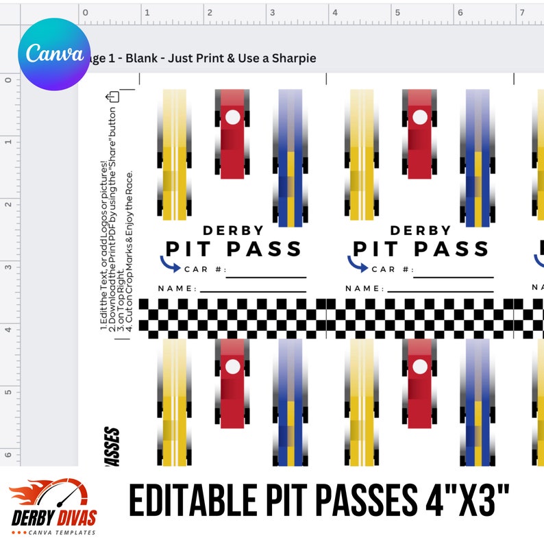 Editable Derby Pit Passes | Pinewood Race Car | Checkered Race Car ...