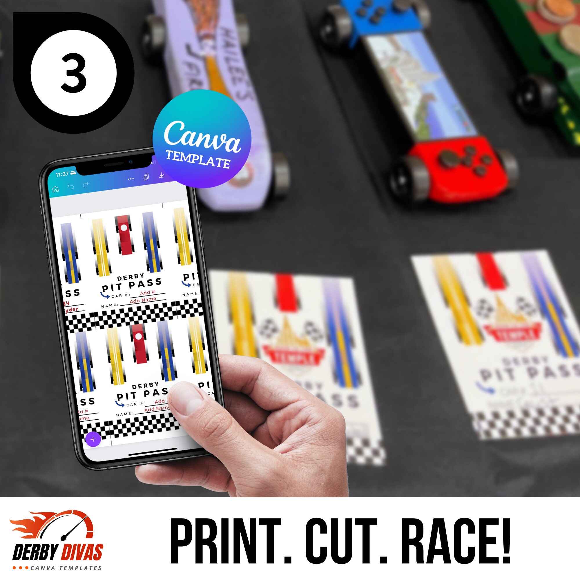 Editable Derby Pit Passes | Pinewood Race Car | Checkered Race Car ...