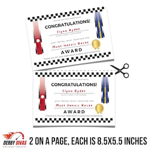 Editable Award Certificates | Pinewood Race Car Derby | Race Car Party ...
