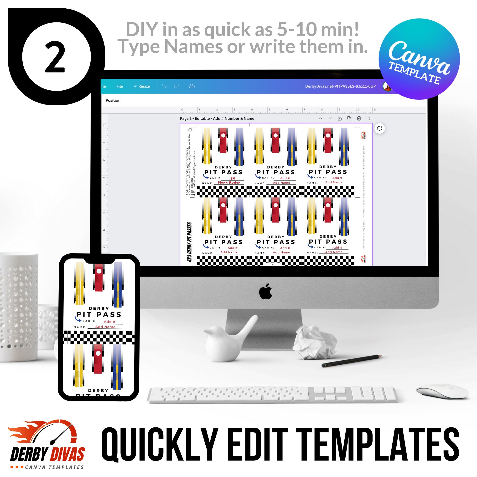 Editable Derby Pit Passes | Pinewood Race Car | Checkered Race Car ...