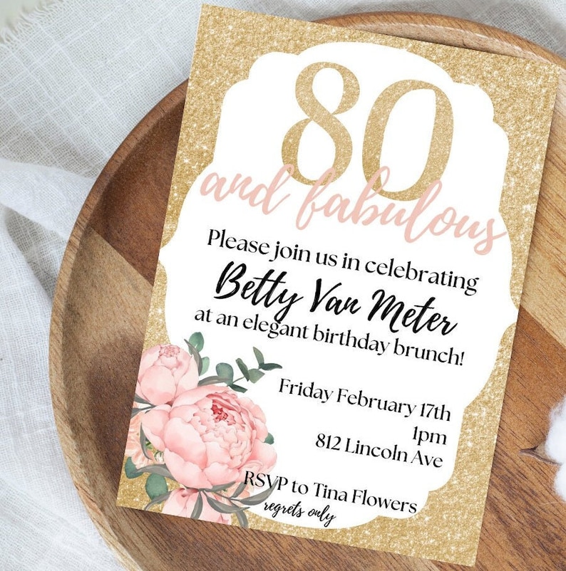 Editable 80th Birthday Invitation Template Brunch or Tea Theme Sparkle ...