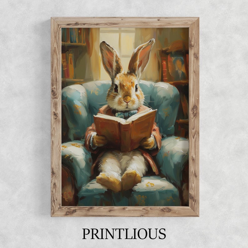 Cute Easter Bunny Reading Book Art Easter Printable Wall Art Easter ...