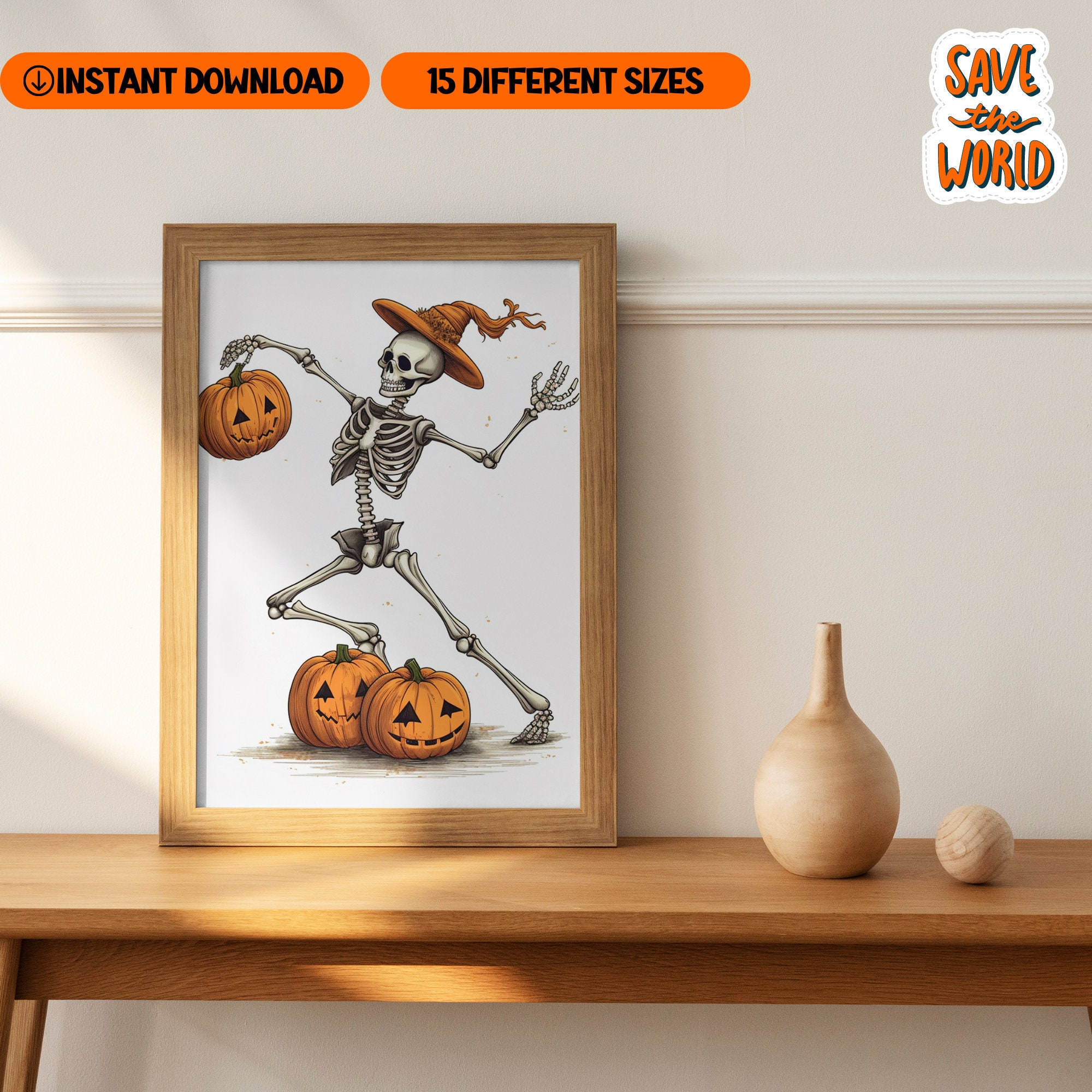 Dancing Skeleton With Pumpkin Printable Wall Art Halloween - Etsy