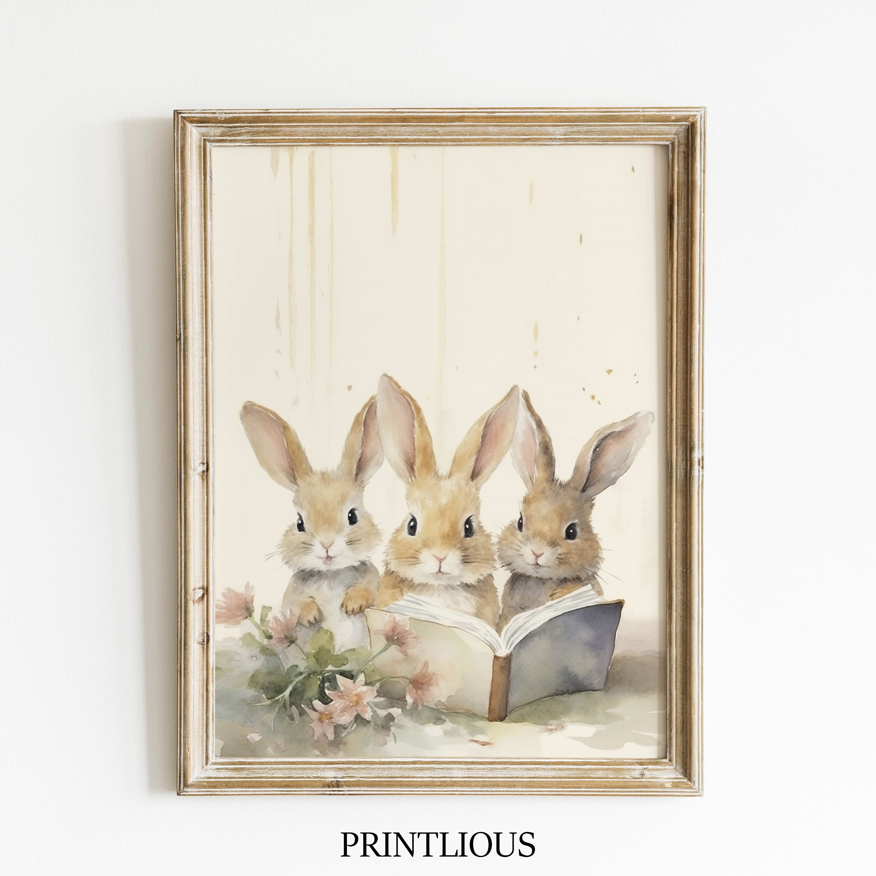 Vintage Spring Bunnies Family Painting Bunnies Reading Book Art Digital ...