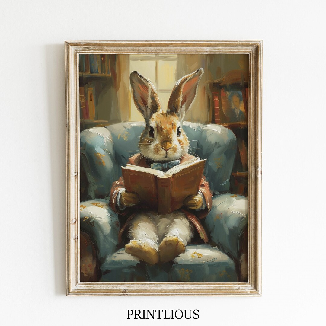 Cute Easter Bunny Reading Book Art Easter Printable Wall Art Easter ...