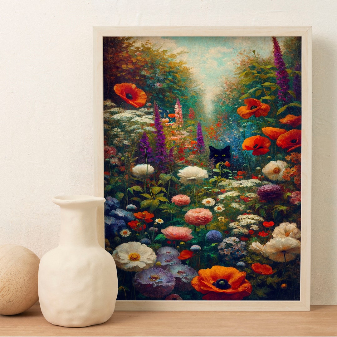 Garden Black Cat Print, Black Cat and Flowers Art, Flowers Cat Poster ...