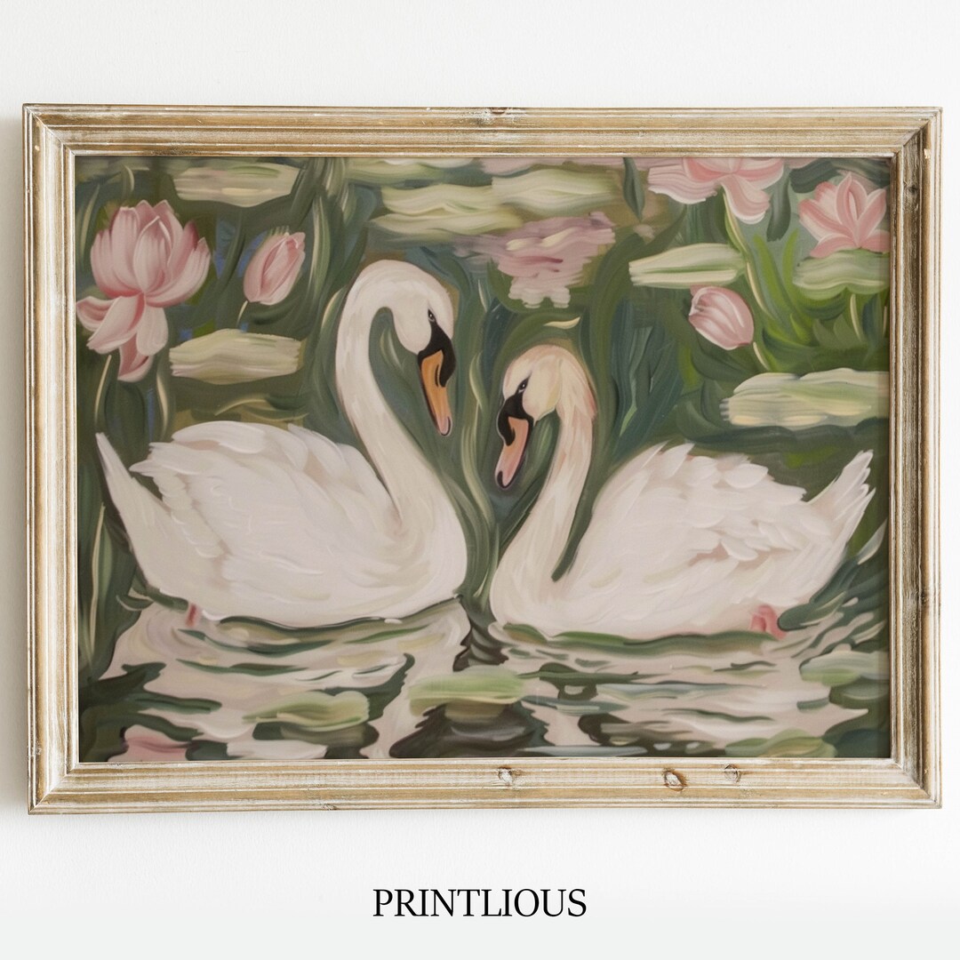 Swan Art Print , Swan With a Flower in a Lake Print, Dreamy Balletcore ...