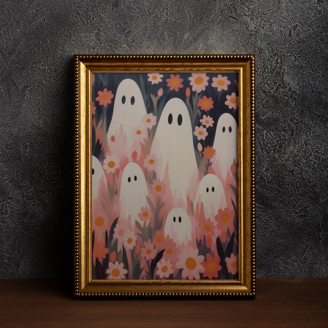Retro Pink Daisy and Ghosts Painting , Floral Pink Ghost Printable Art ...