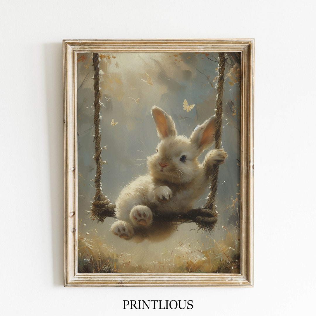 Rabbit on the Swing Poster Easter Art Print , Bunny Wall Art Rabbit ...
