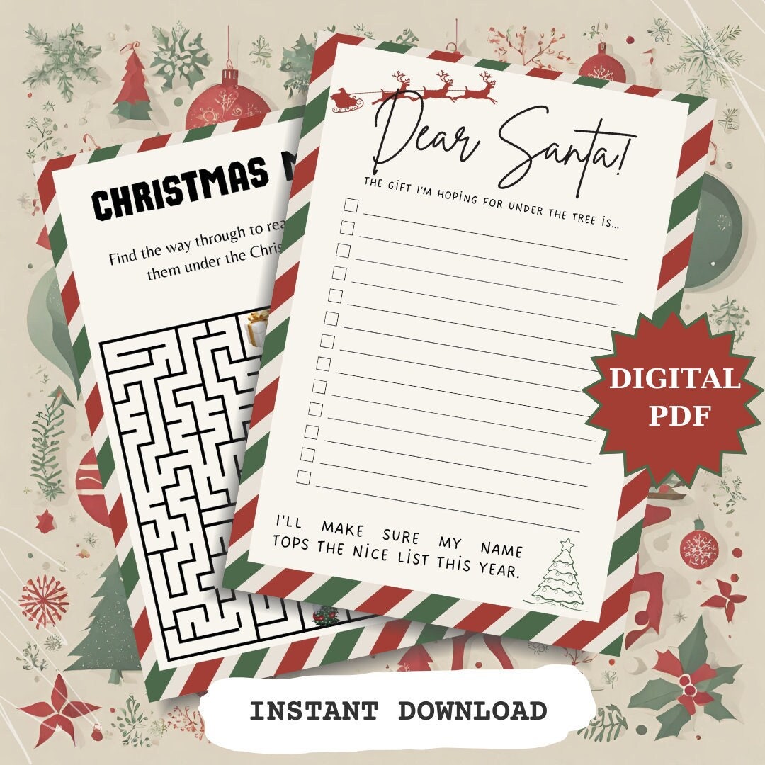 Letter to Santa and Christmas Maze, Kid's Christmas Letter, Bonus ...