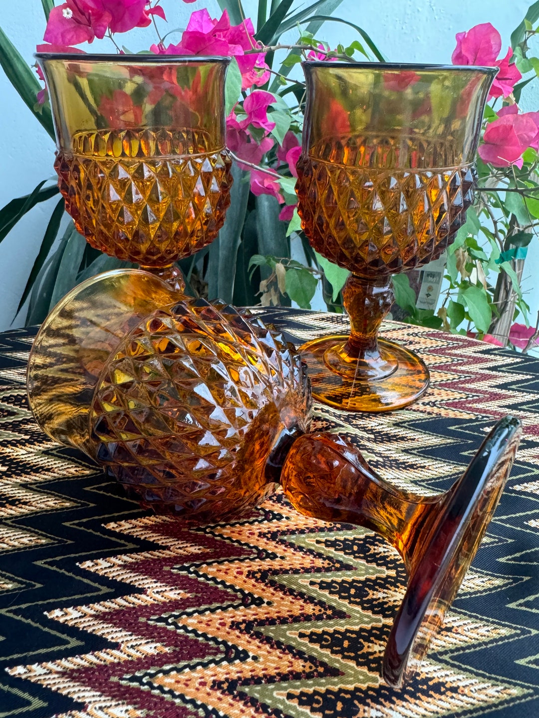 Vintage Indiana Glass Amber Diamond Point Goblets Water Glass Wine ...