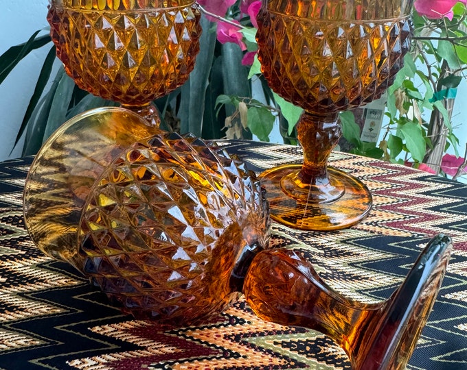 Vintage Indiana Glass Amber Diamond Point Goblets | Water Glass | Wine ...