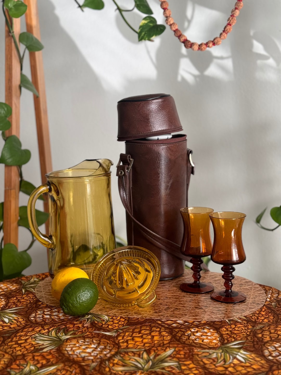 Vintage Amber Yellow Glass Lemonade Pitcher and Juicer Set: 70s Barware ...