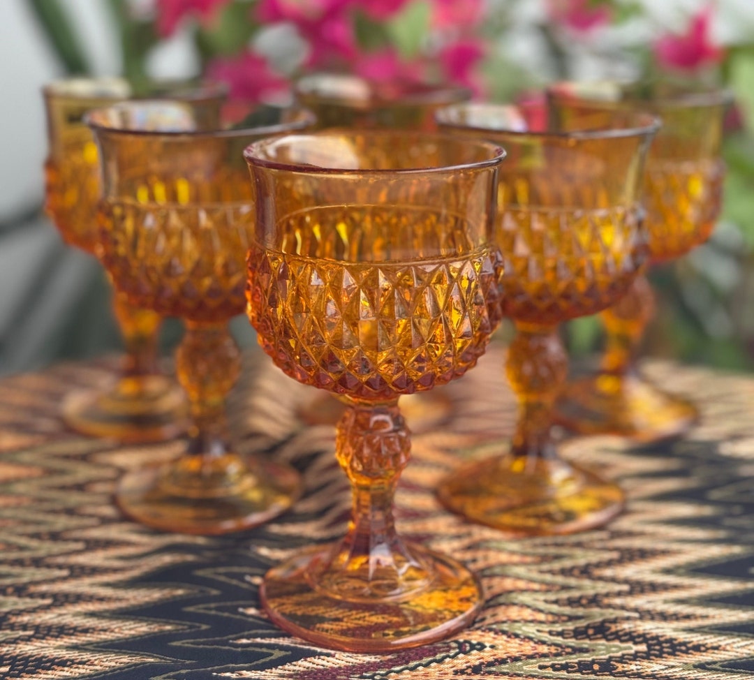 Set of 2 Vintage Amber Diamond Point Glassware Wine Glass Water Glass ...