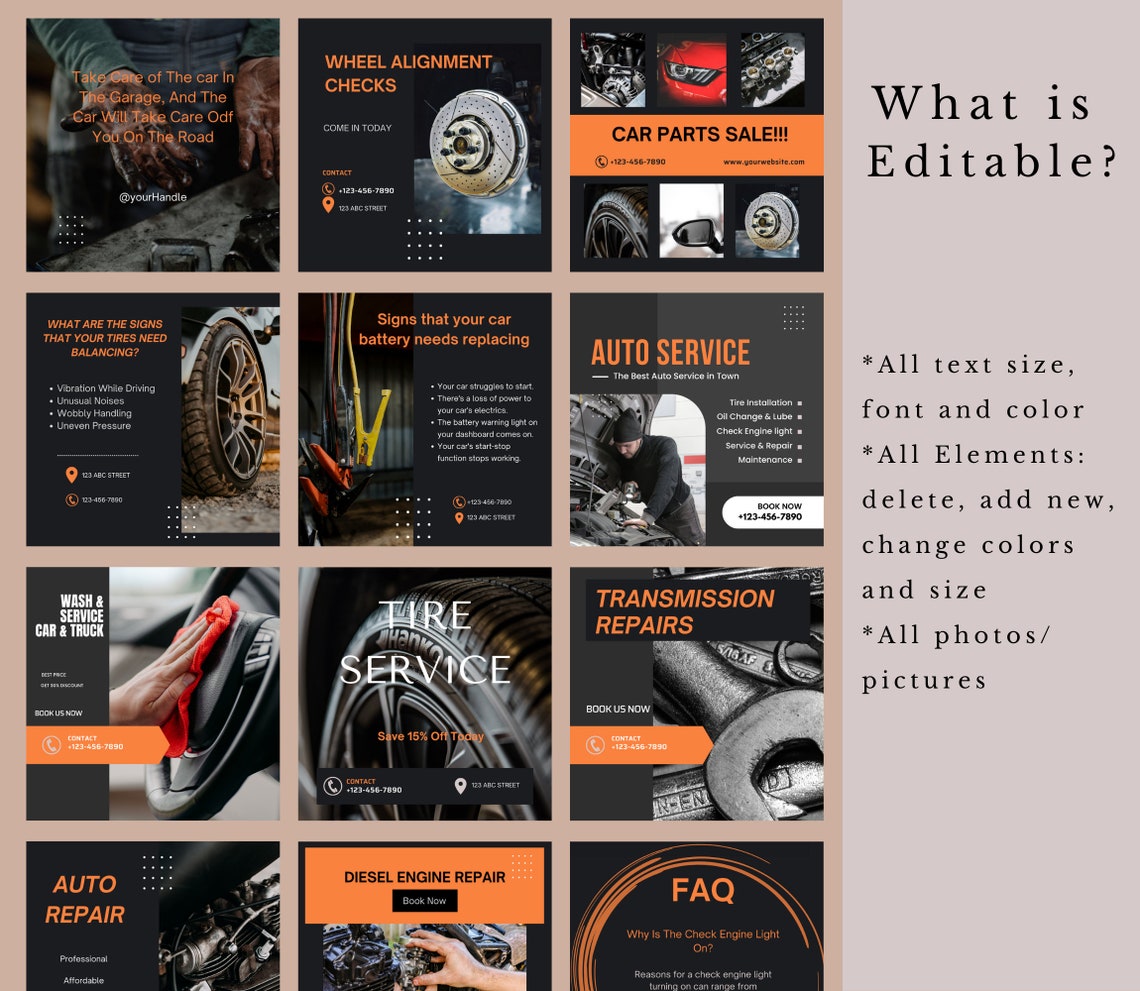 Mechanic Instagram Post Templates, Auto Repair Shop Instagram, Car Wash ...