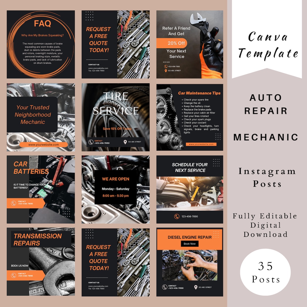 Mechanic Instagram Post Templates, Auto Repair Shop Instagram, Car Wash ...