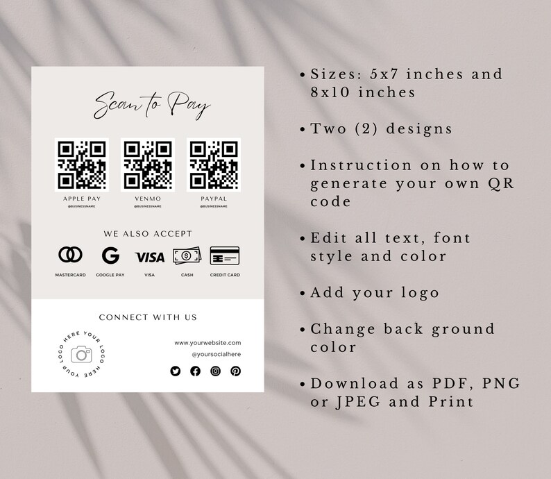 Editable QR Code Sign, Printable Payment Sign, Scan to Pay Template ...
