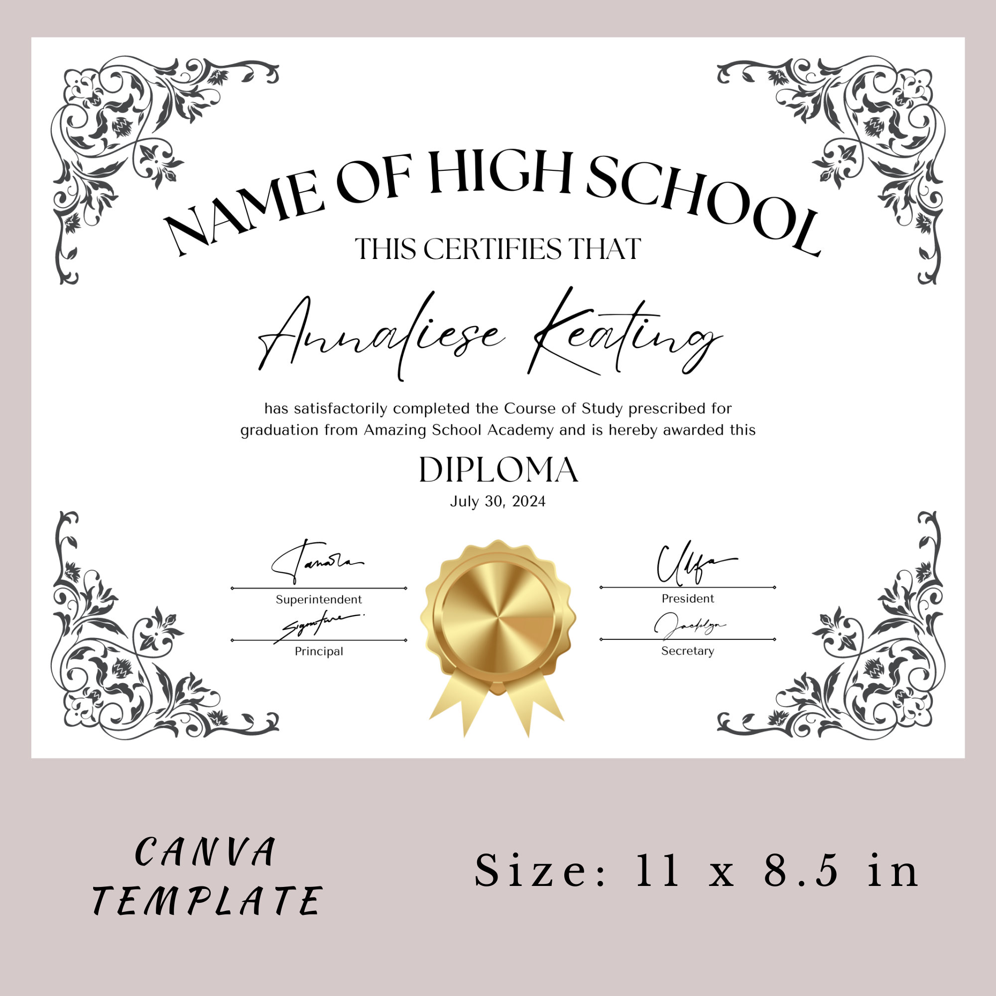 High School Diploma Template, General Equivalency Diploma, Customizable ...