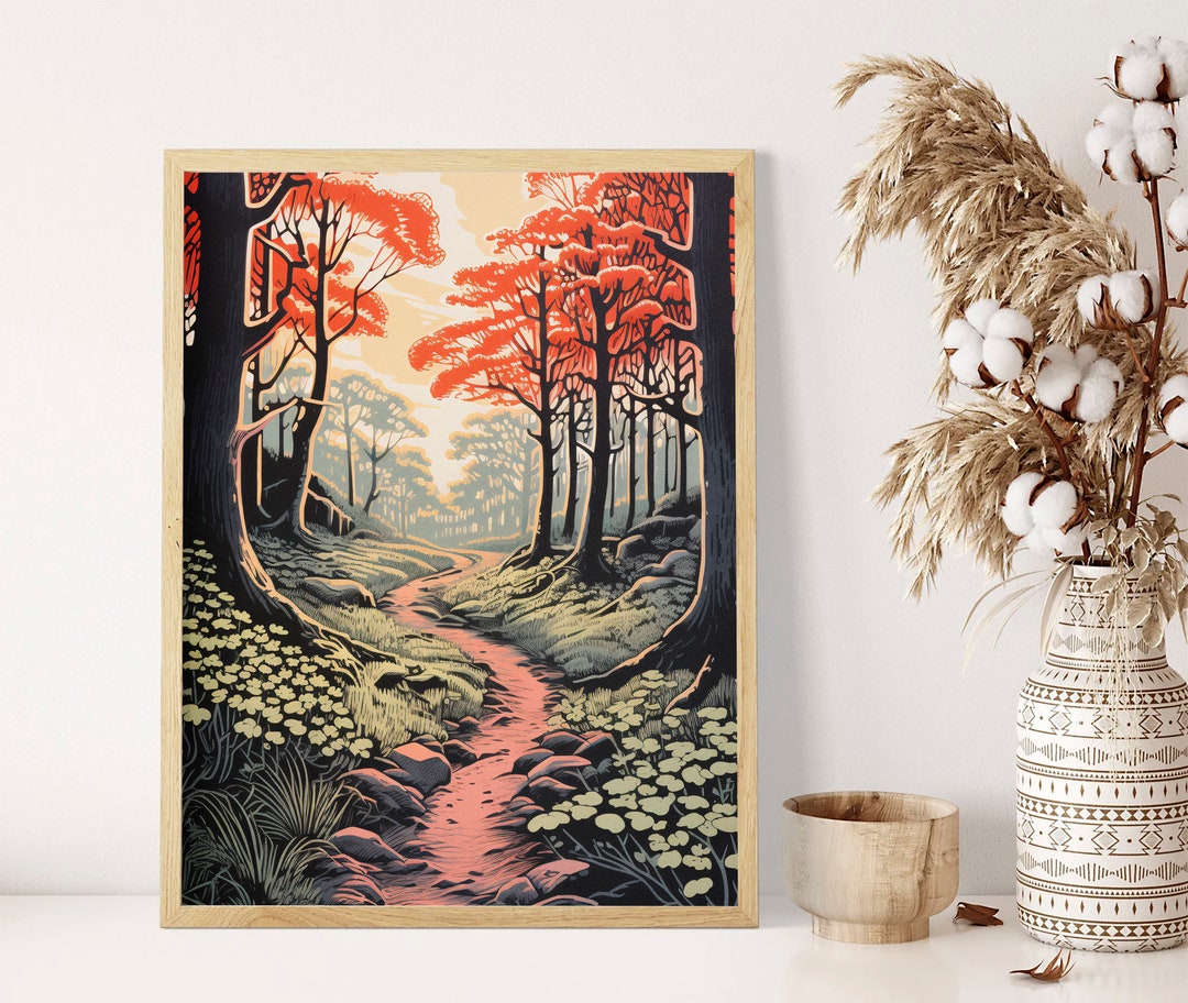 Forest Path Art Print A4, A3, A2 Sizes, Tranquil Woodcut Woodland Wall ...