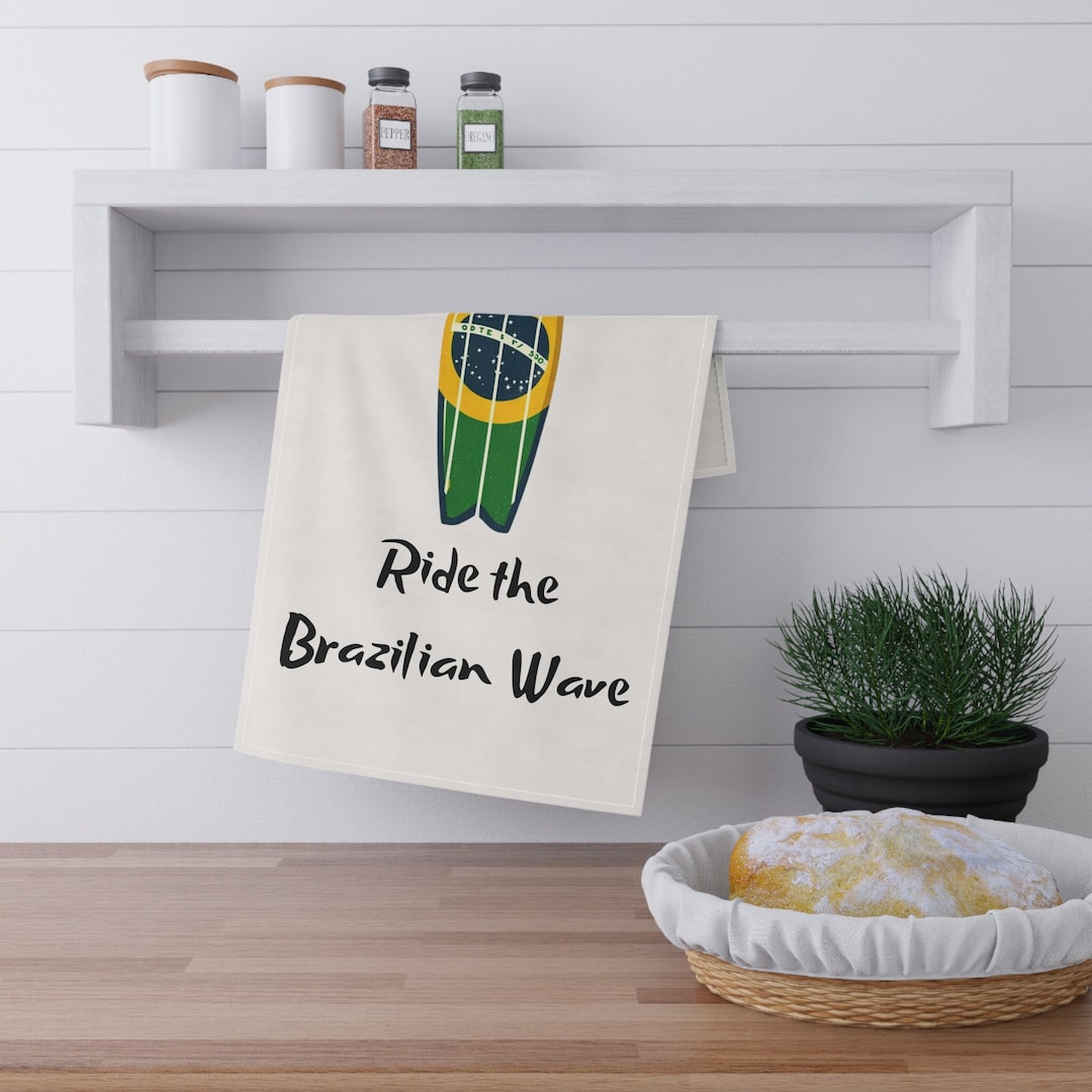 Brazil Flag Surfboard Kitchen Towel, Coastal Brazil Tea Towel, Tropical ...