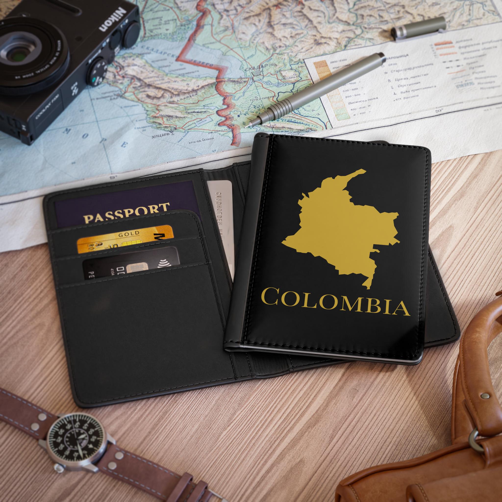 Black and Gold Colombia Map Passport Holder, Colombia Travel Wallet ...