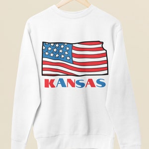 Kansas American Flag Sweatshirt, Patriotic Kansas Map Crewneck, Kansas ...