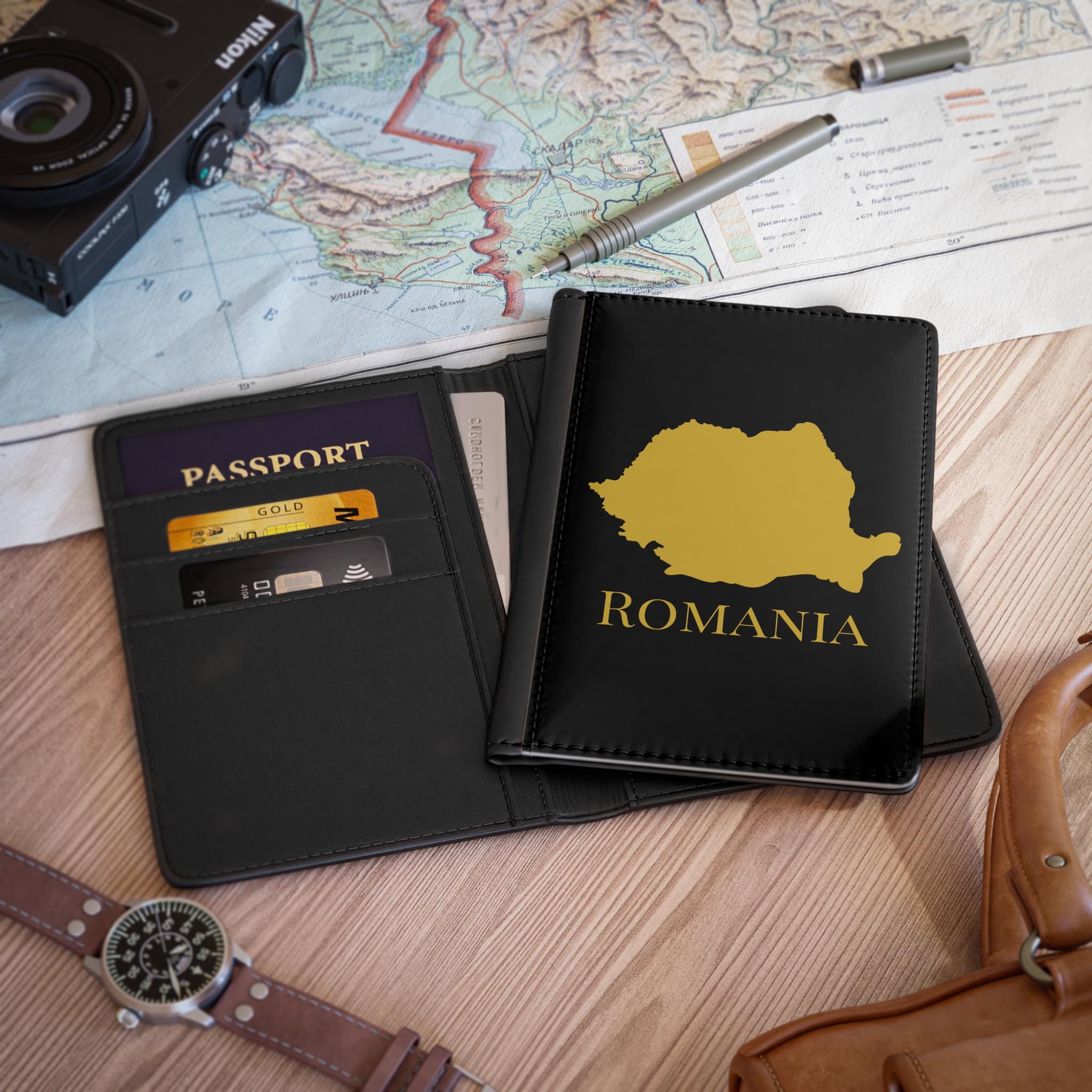 Black and Gold Romania Map Passport Holder, Romanian Passport Wallet ...