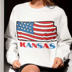 Kansas American Flag Sweatshirt, Patriotic Kansas Map Crewneck, Kansas ...