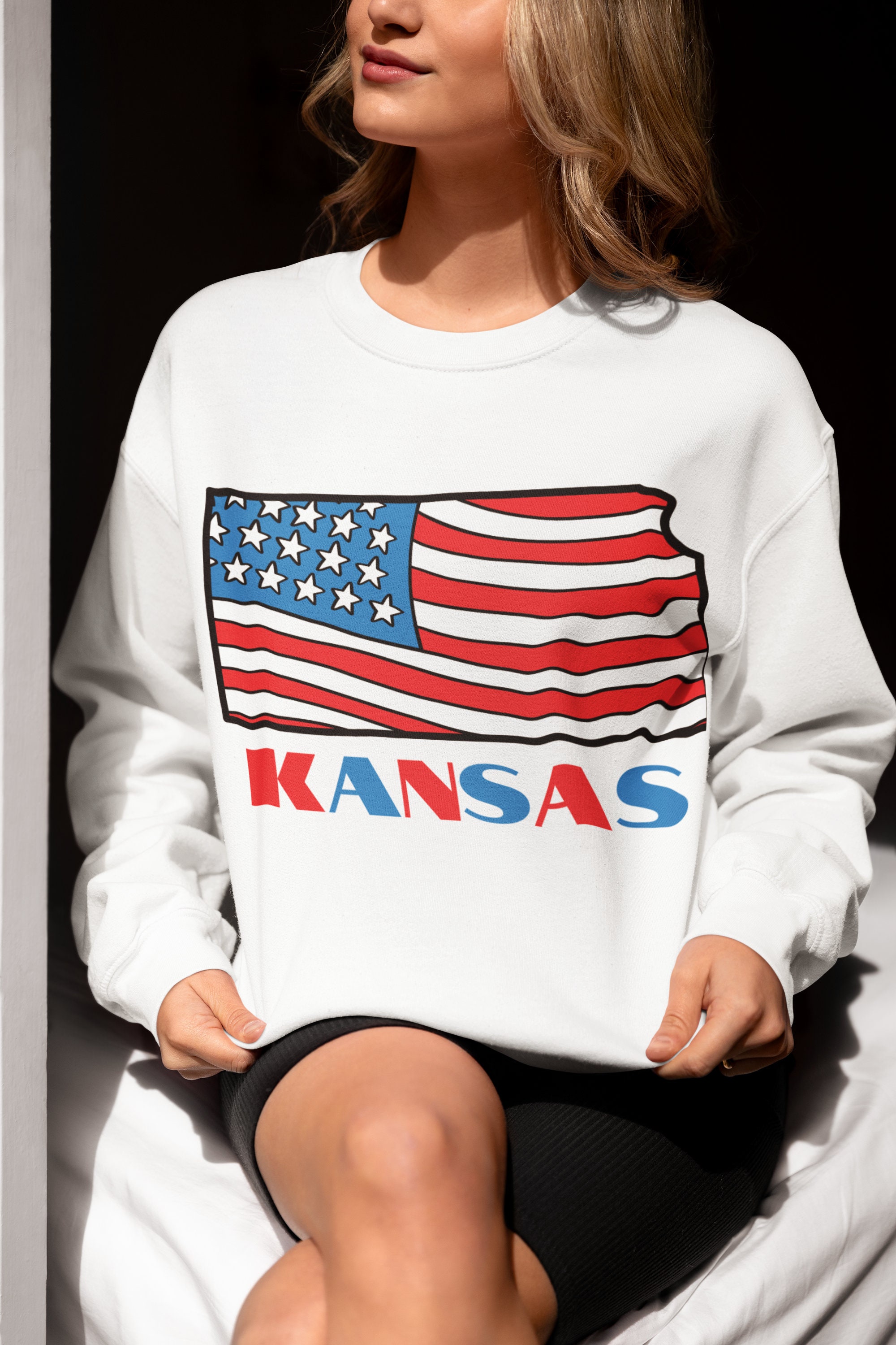Kansas American Flag Sweatshirt, Patriotic Kansas Map Crewneck, Kansas ...