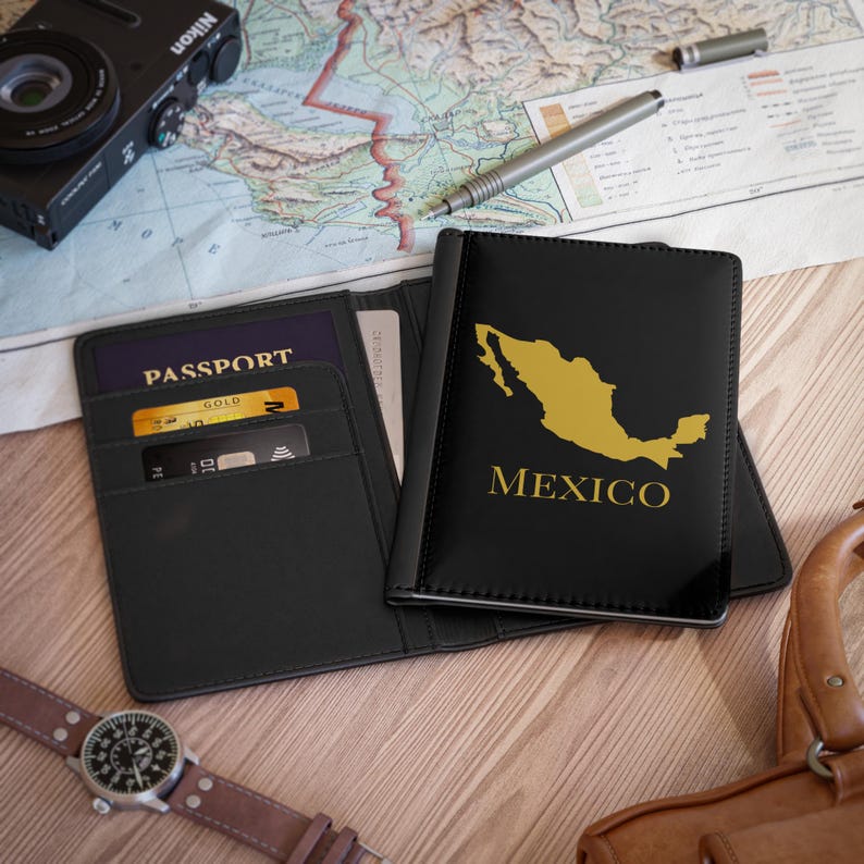 Black and Gold Mexico Map Passport Holder, Mexico Travel Wallet ...