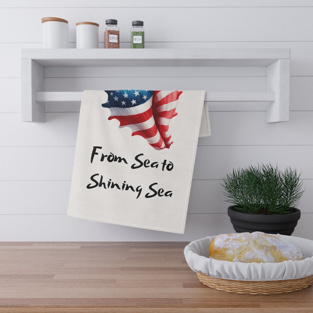 American Flag Seashell Kitchen Towel, Patriotic Dish Towel, Coastal Tea ...