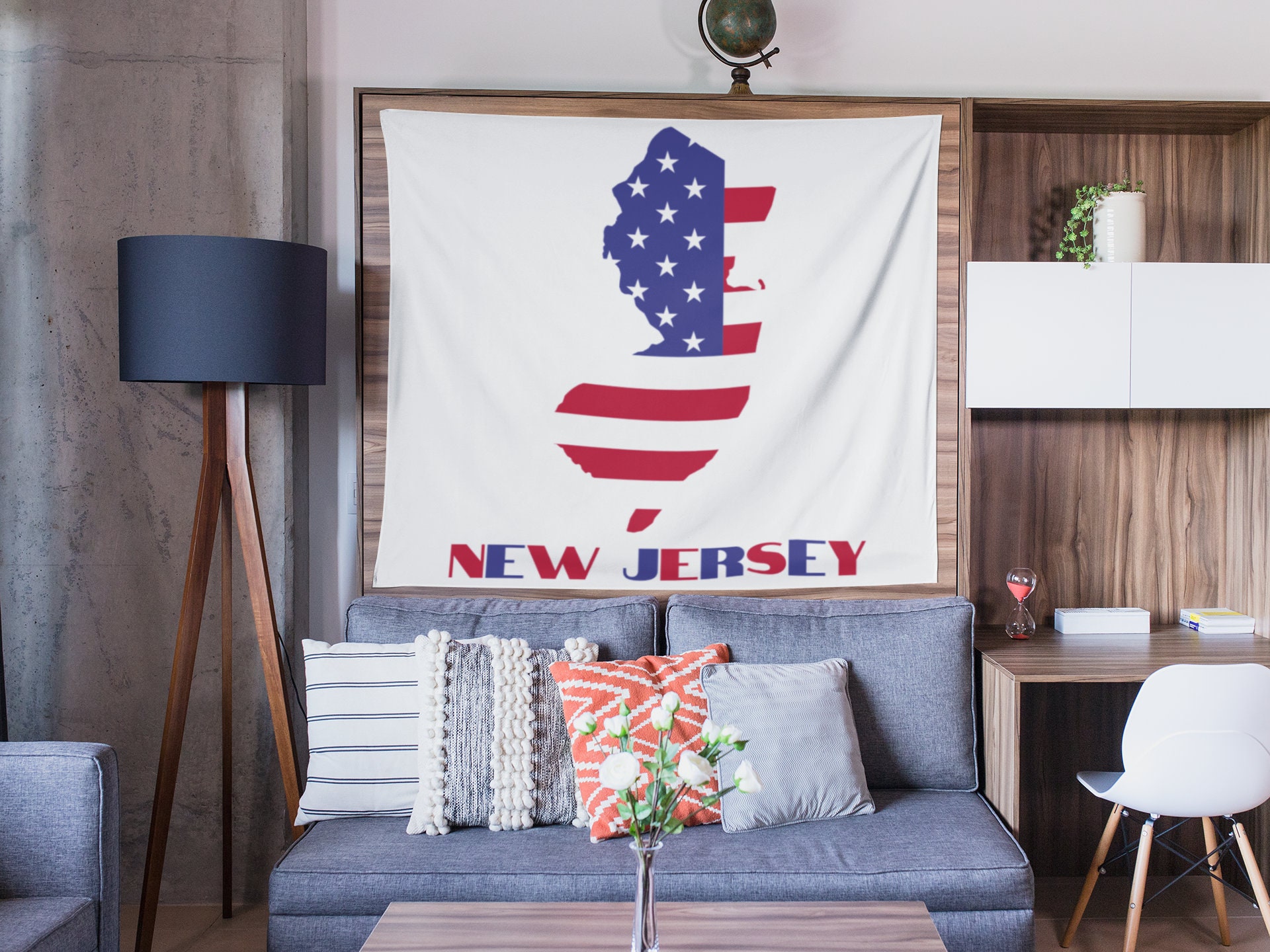 New Jersey Wall Tapestry, American Flag NJ Map Tapestry, Patriotic New ...