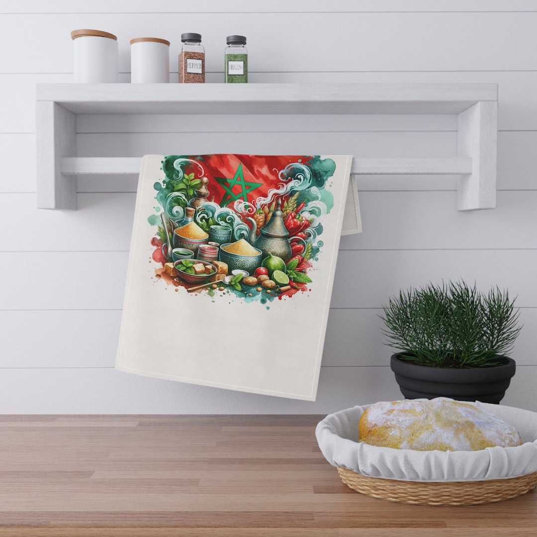 Moroccan Cuisine Inspired Kitchen Towel, Moroccan Flag Tea Towel ...