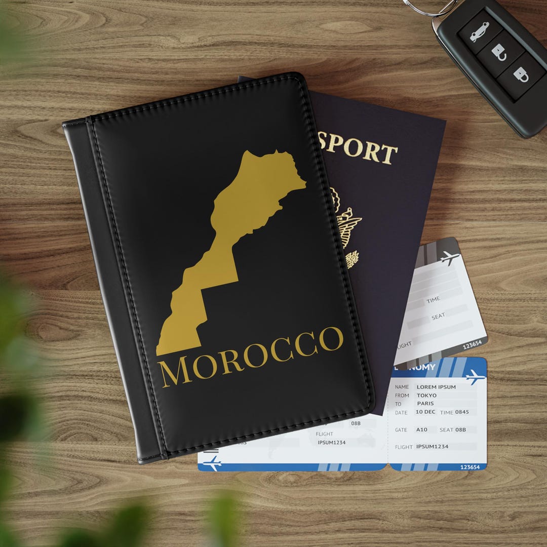 Black and Gold Morocco Map Passport Holder, Moroccan Passport Wallet ...