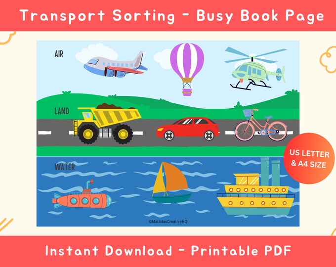 Sorting Transport Busy Book Page Air Land Water Toddlers & Preschooler ...