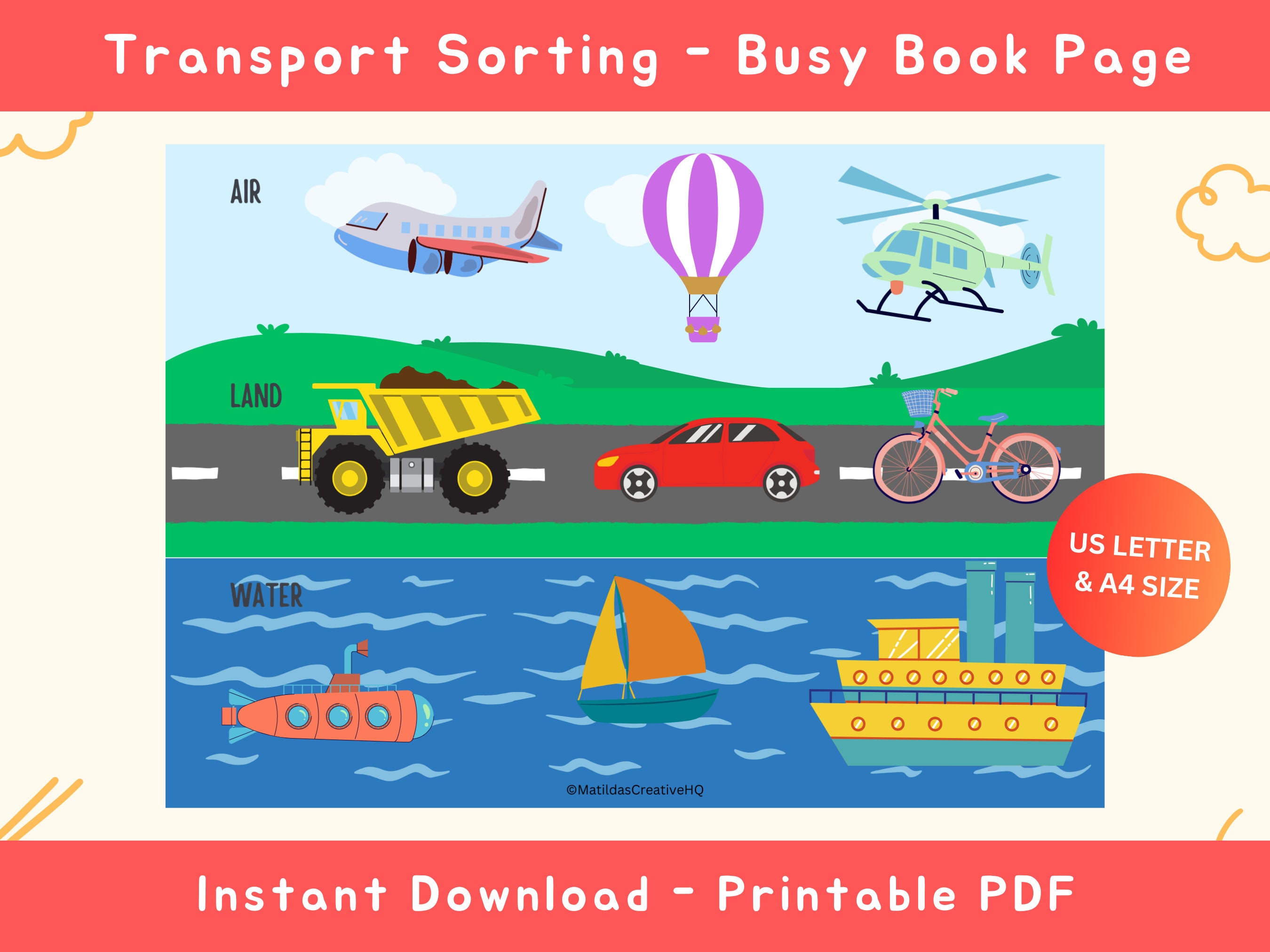 Sorting Transport Busy Book Page Air Land Water Toddlers & Preschooler ...