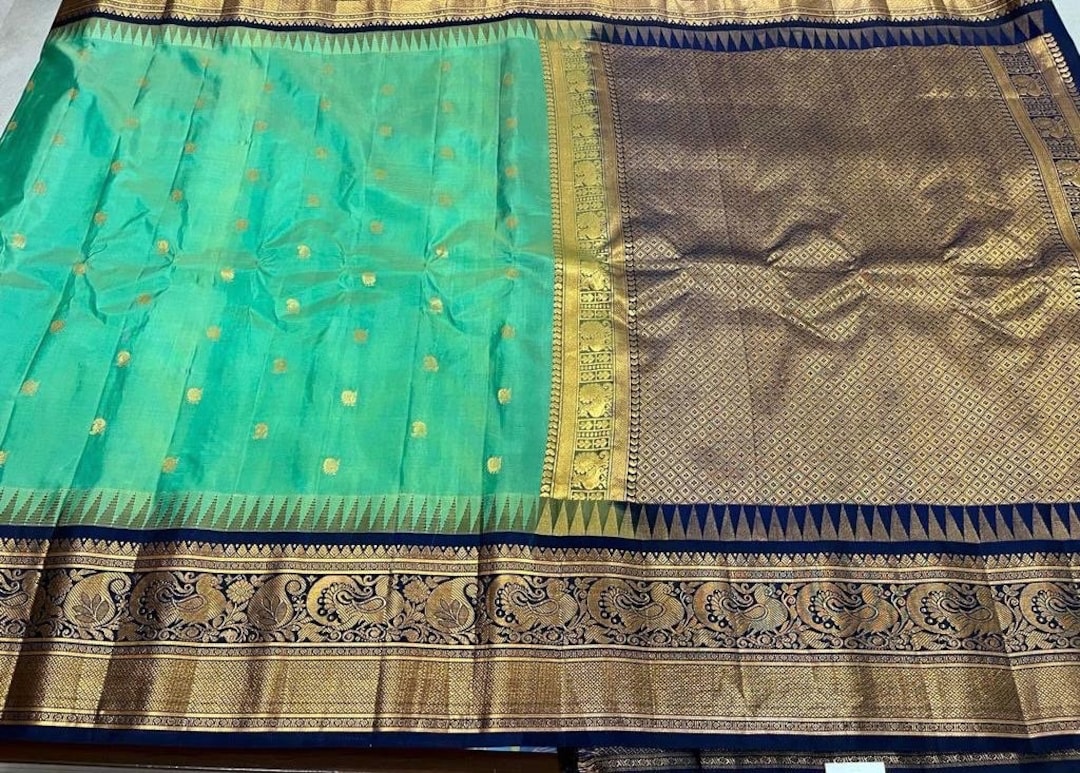 Pure Gadwal Silk Sari in Green and Blue Color Silk Sari With Body Butta ...