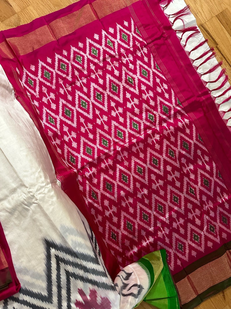 Pure Ikkat Silk Sari in White and Pink With Zari Border and Unstitched Blouse Ikat Sari With ...