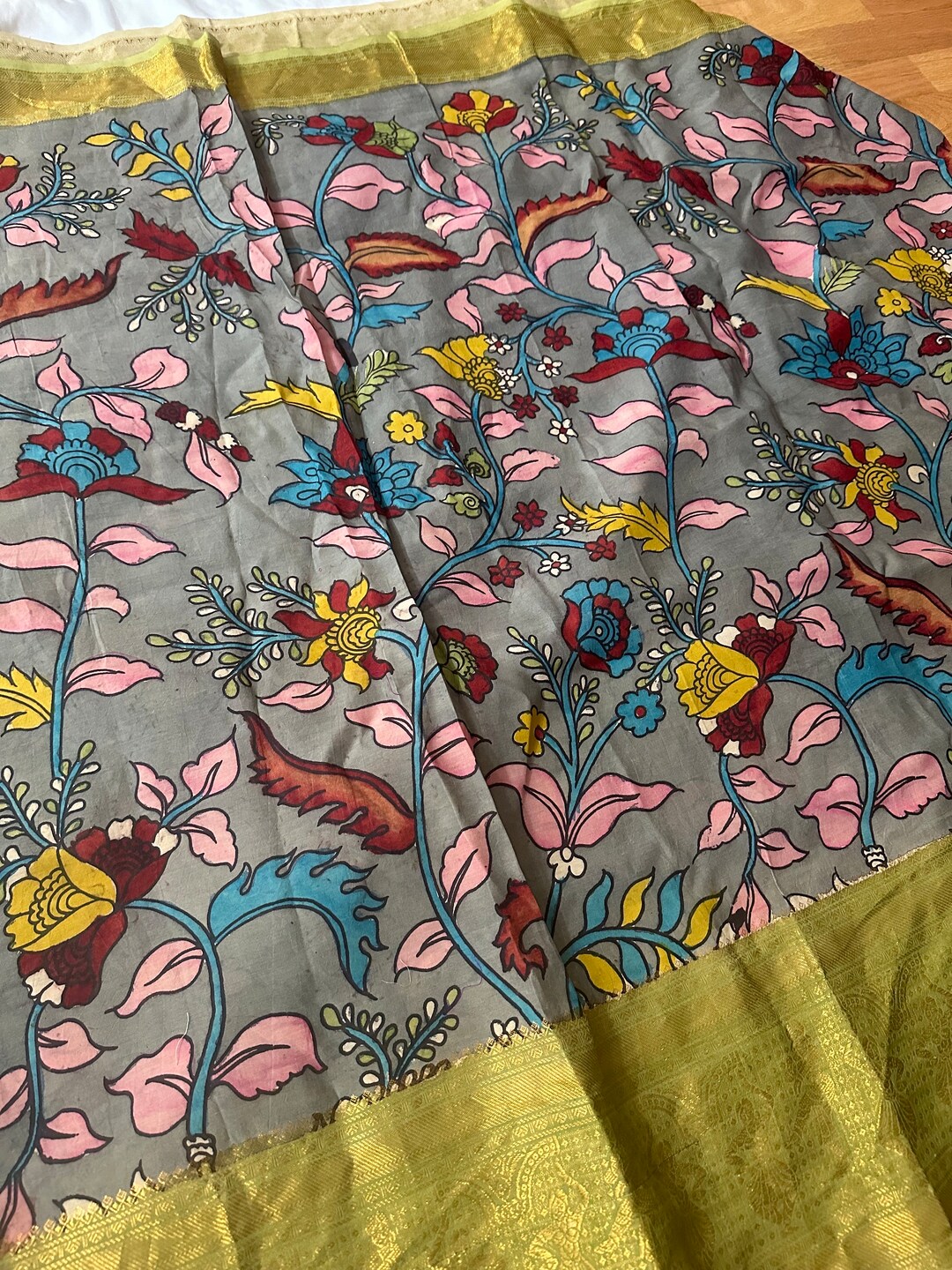 Mangalagiri Pattu Sari Pen Kalamkari Sari With Unstitched Blouse ...