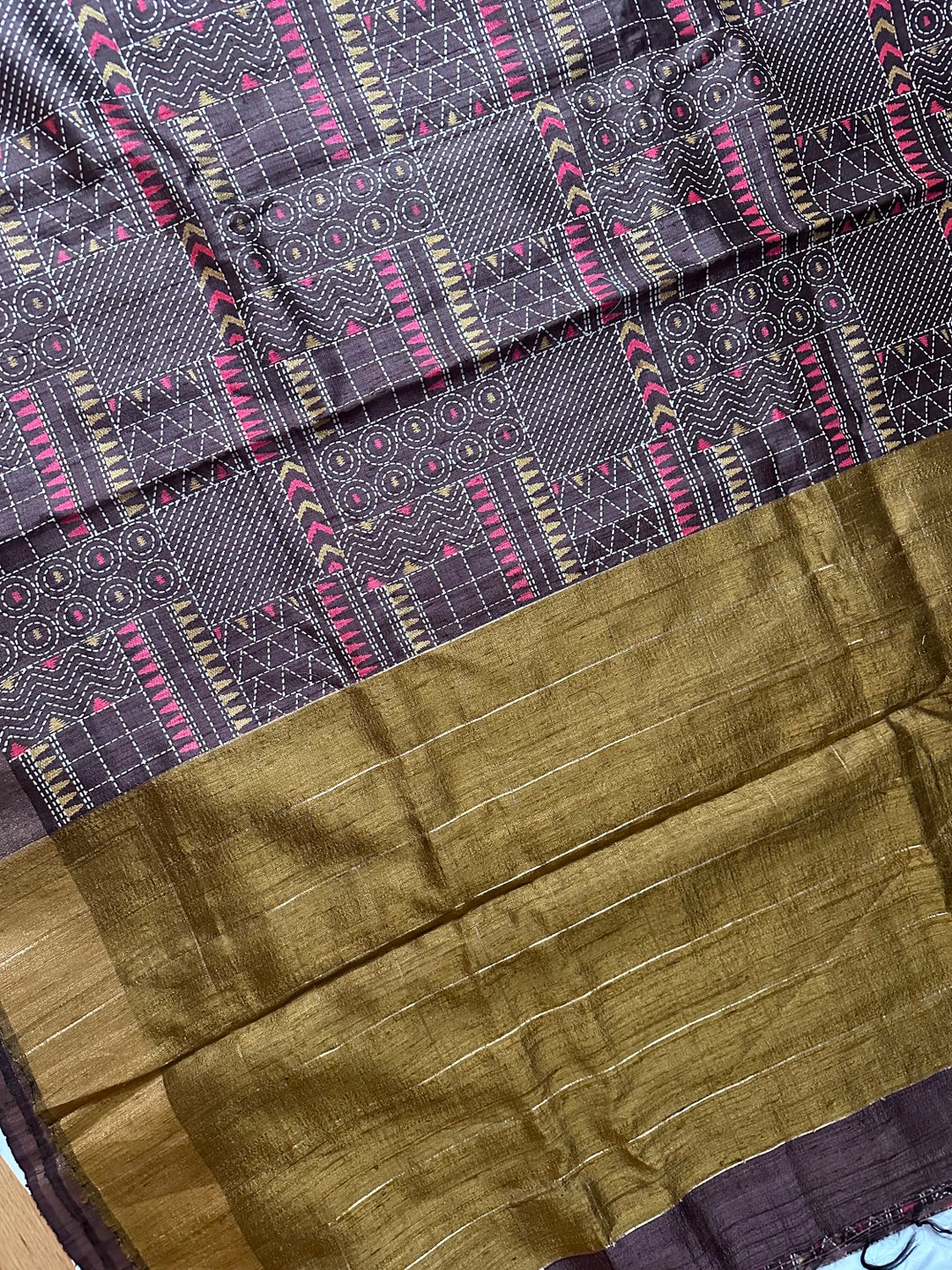 Pure Dupion Silk Sari Brown With Printed Body Sari With Unstitched ...