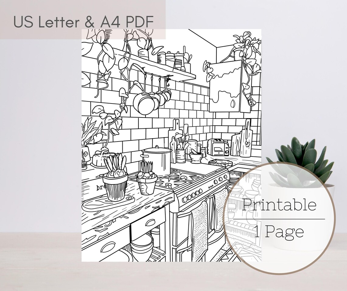 Single Coloring Page for Adults Rustic Modern Kitchen - Etsy