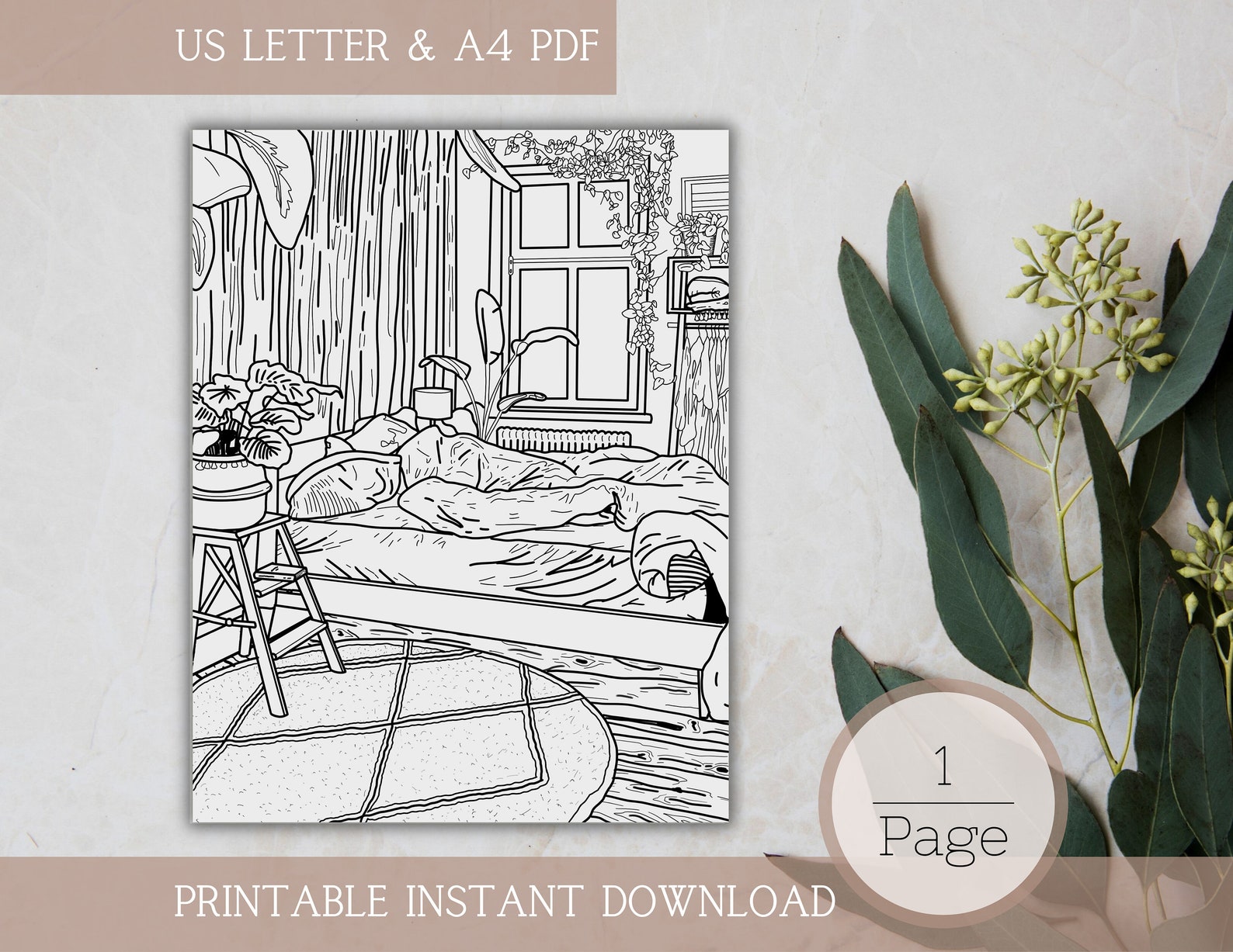 Single Coloring Page for Adults Cozy Modern Bedroom Adult Coloring ...