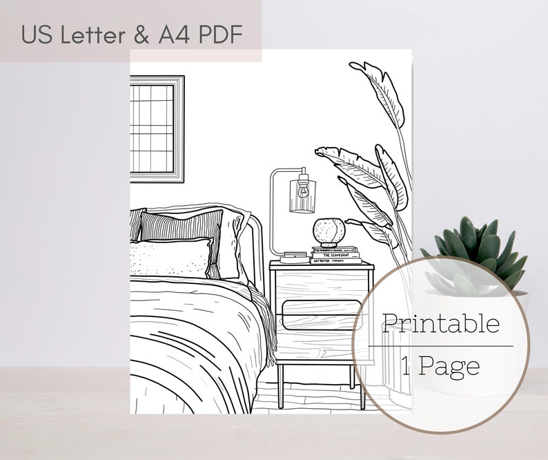 Single Coloring Page for Adults Minimal Modern Bedroom - Etsy