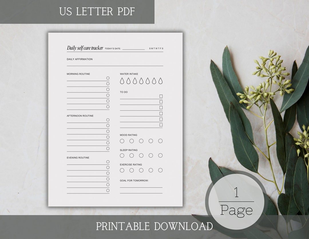 Daily Self Care Tracker Sheet | Minimalistic Daily Affirmation, Water ...