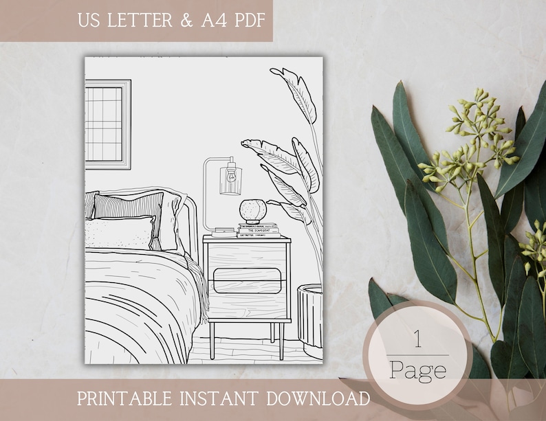 Single Coloring Page for Adults | Minimal Modern Bedroom | Printable ...