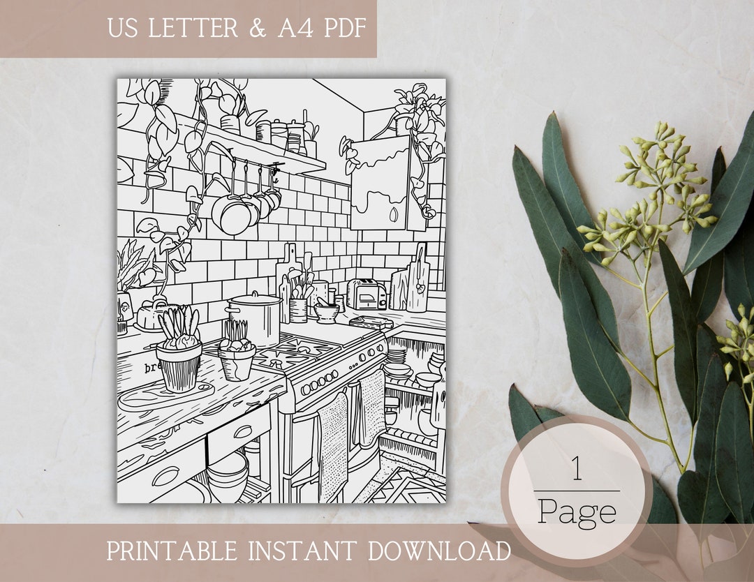 Single Coloring Page for Adults | Rustic Modern Kitchen | Printable ...