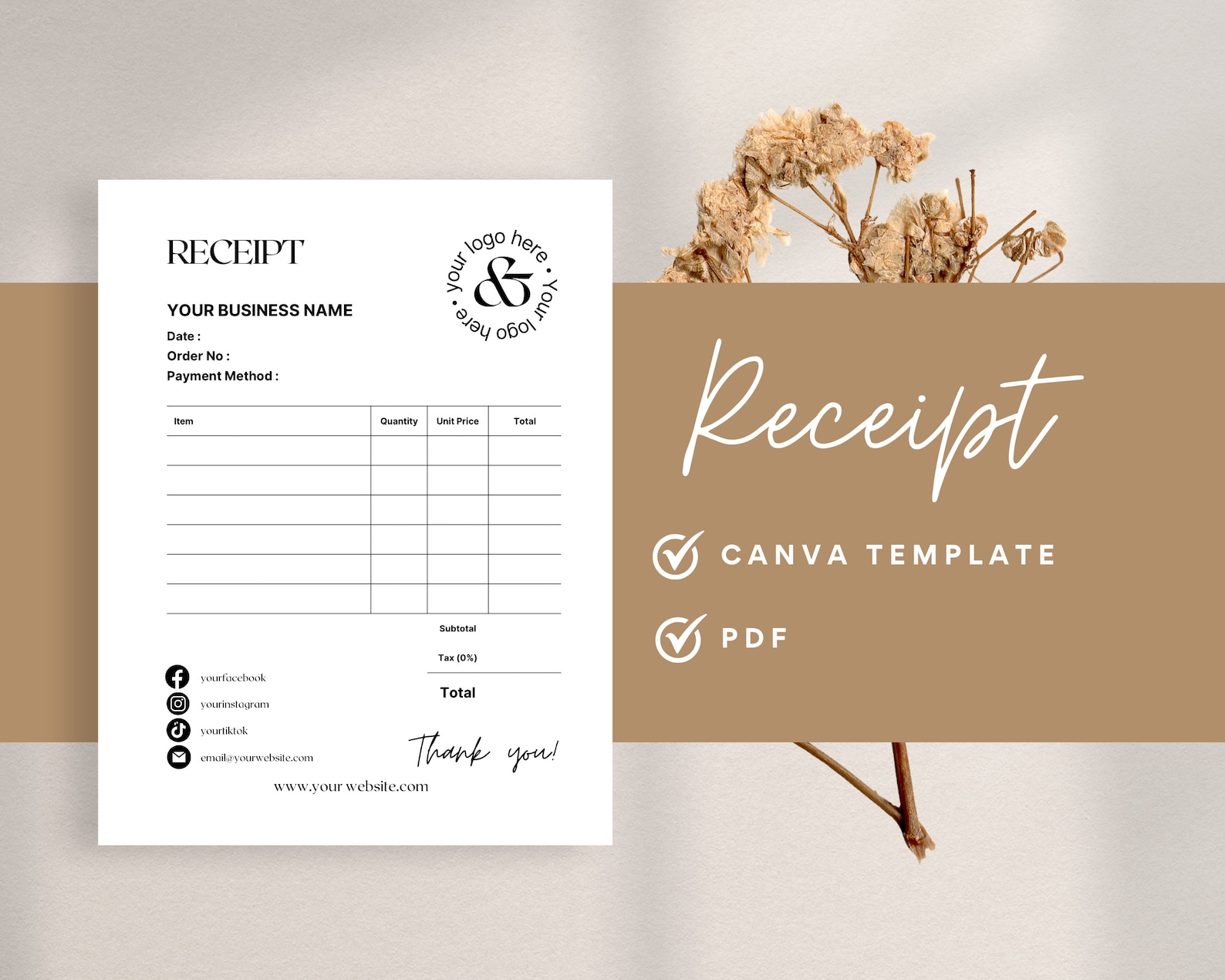 Printable Receipt Template, Canva Receipt Template, PDF Receipt ...