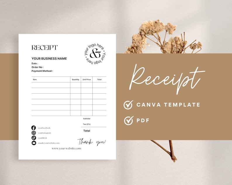Printable Receipt Template, Canva Receipt Template, PDF Receipt ...