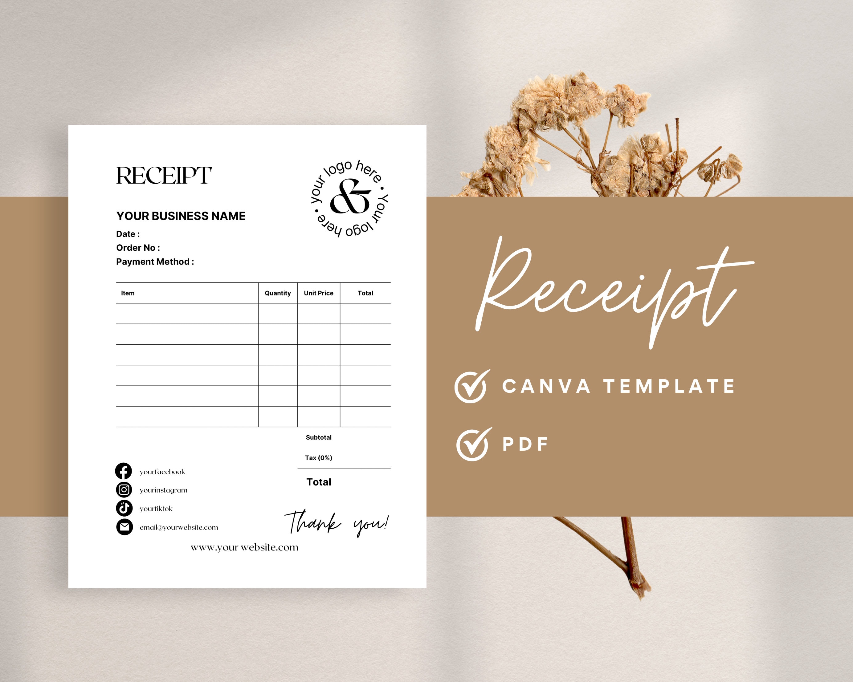 Printable Receipt Template, Canva Receipt Template, PDF Receipt ...