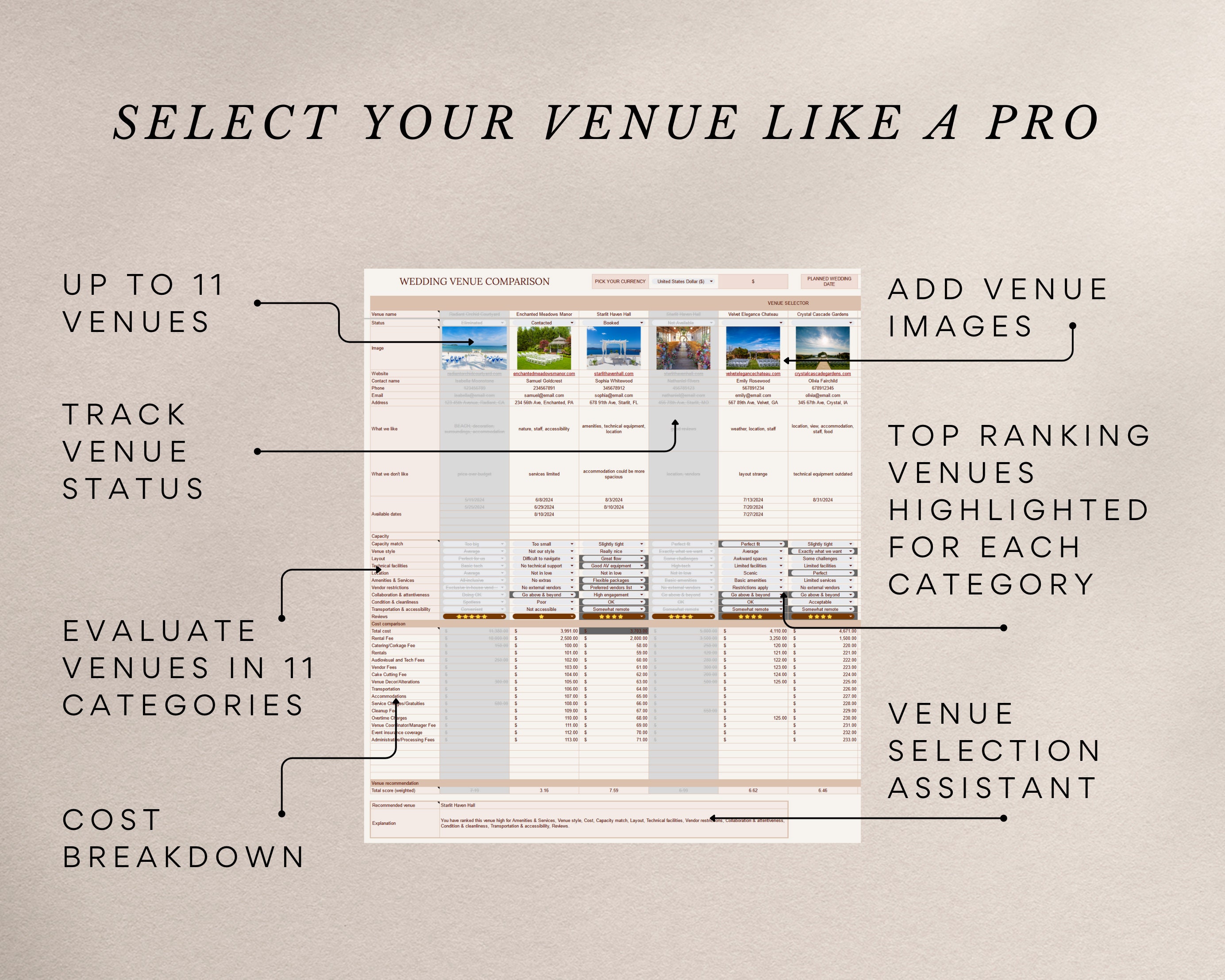 Wedding Venue Comparison Spreadsheet for Google Sheets, Wedding Planner ...